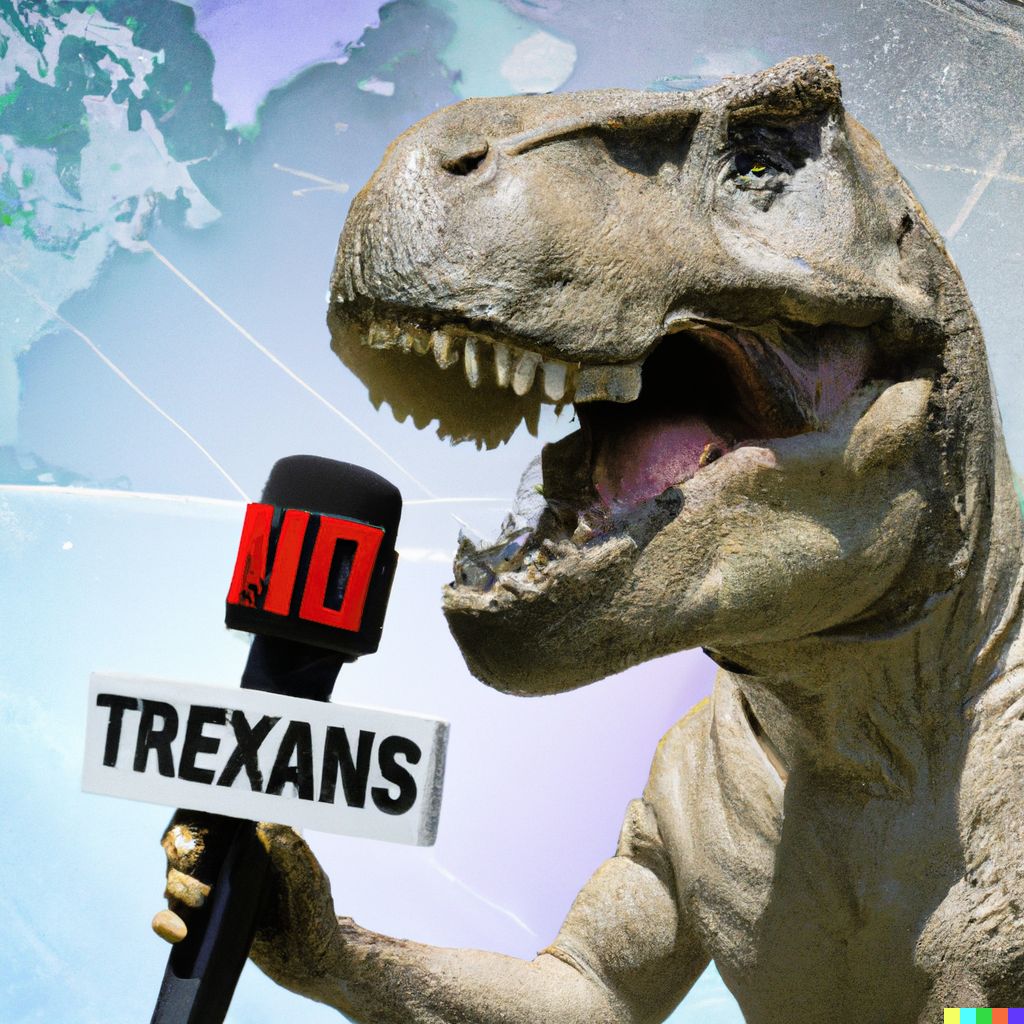 Tyrannosaurus Rex announcing the dinosaur extinction on cable news, tv broadcast | Scrolller