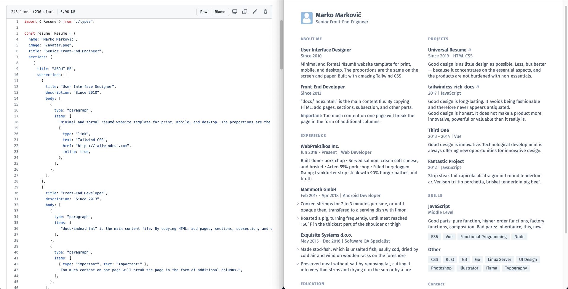 Universal Résumé template rebuilt with React, rendered from JSON config | Scrolller