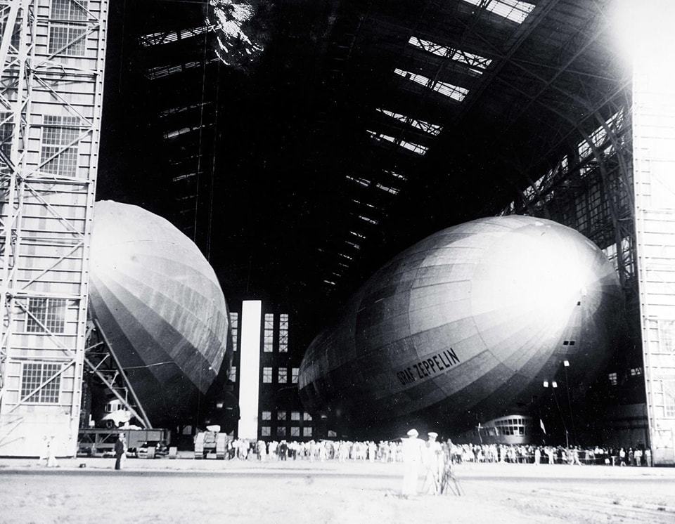 USS Los Angeles and the Graf Zeppelin in the hangar at Naval Air Station Lakehurst, US (1929 ...