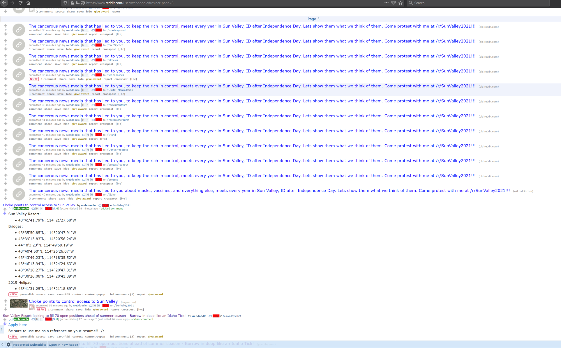 Webdoodle is planning an attack on Sun Valley Idaho. Please report this to police, admins, news ...