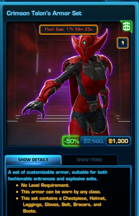 05-22-21 Cartel Flash: Crimson Talon Armor Set. 1300CC 50% discount | Scrolller