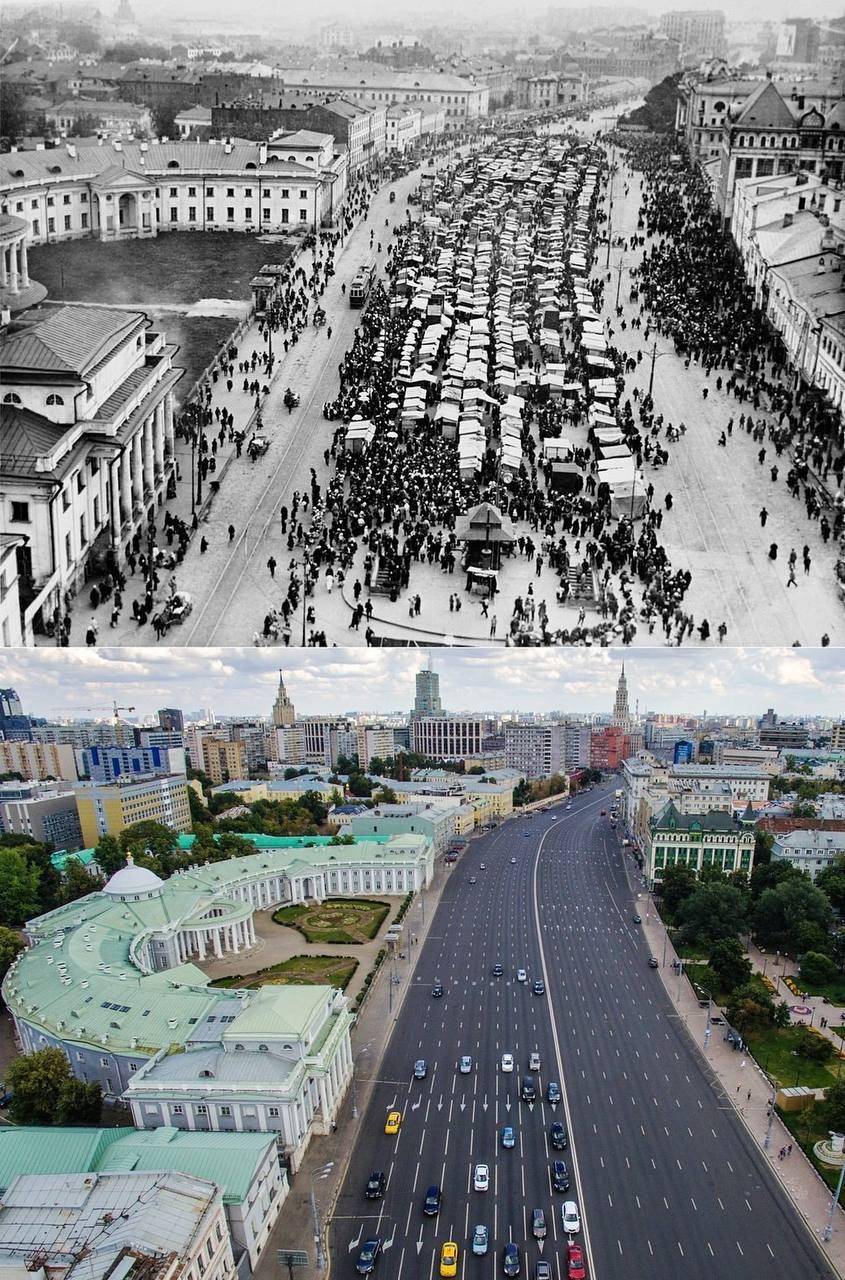16-lane Highway built through the downtown where a market square used to be in Moscow, Russia ...