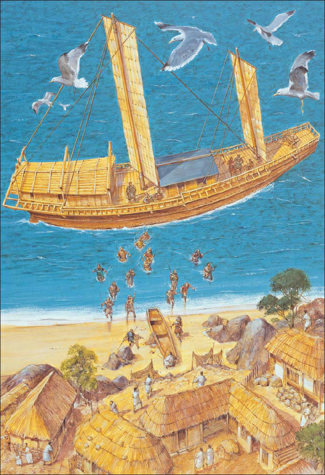 [650 x 949] A fully rigged kenminsen Japanese pirate ship in action in a raid on Korea, 1419 ...