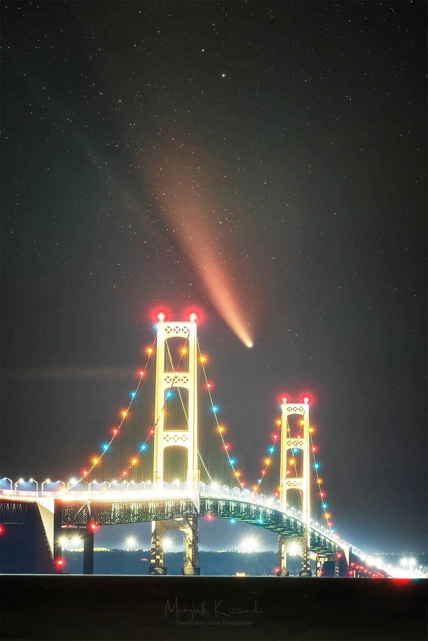 A Comet Flying Over Mackinac Bridge, Michigan. | Scrolller