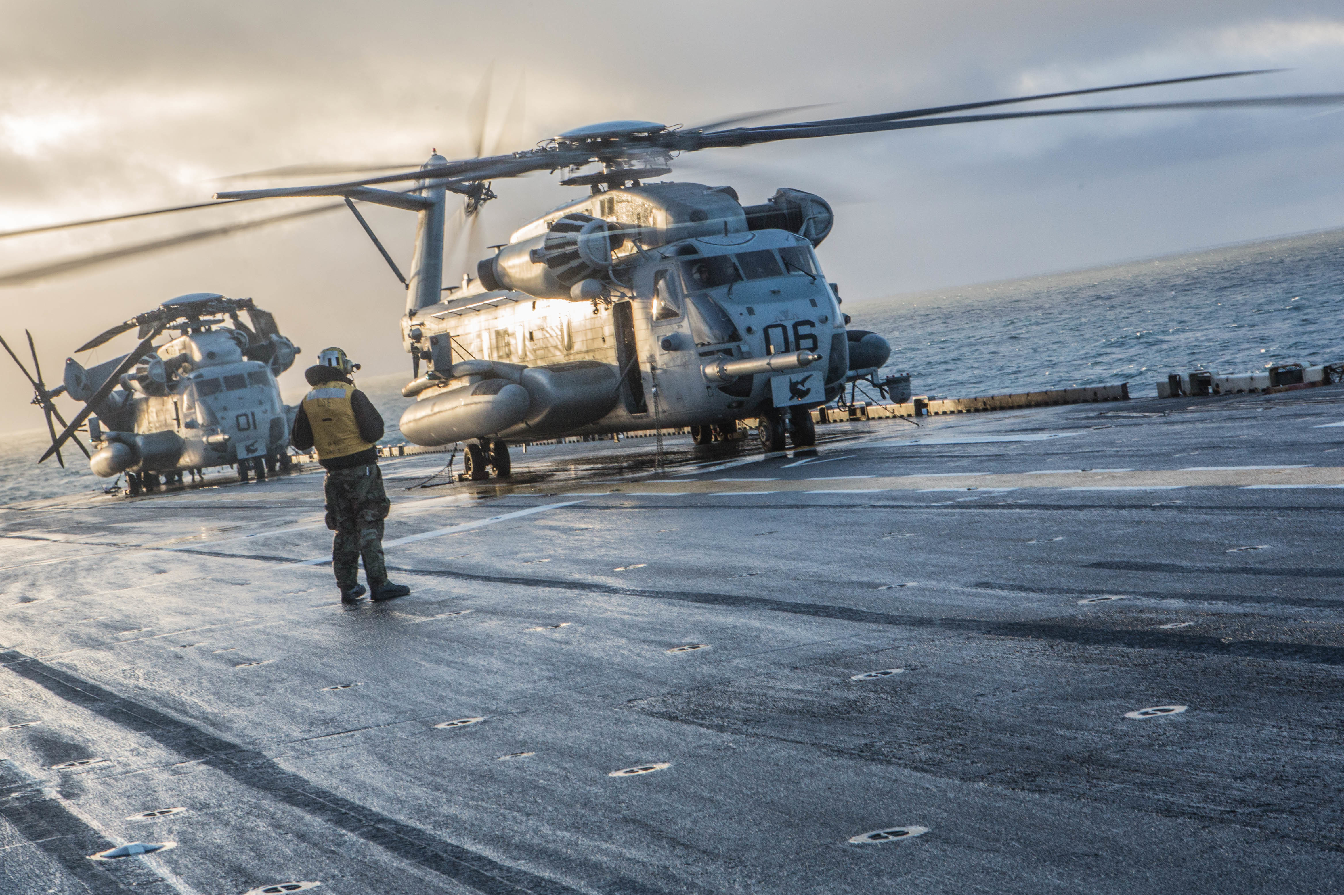 A U.S. Marine Corps CH-53 Sea Stallion prepare for takeoff aboard USS Iwo Jima Oct 17, in ...