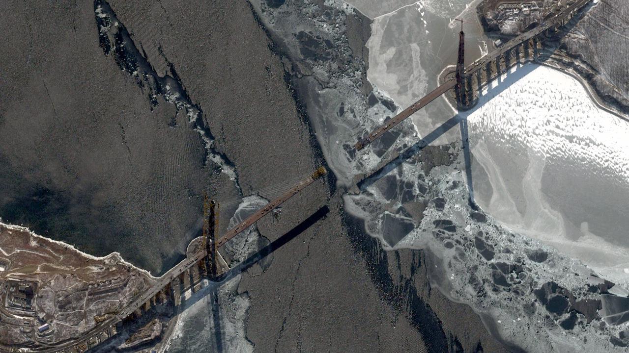 Aerial of the construction of the Russky Bridge, Russia | Scrolller