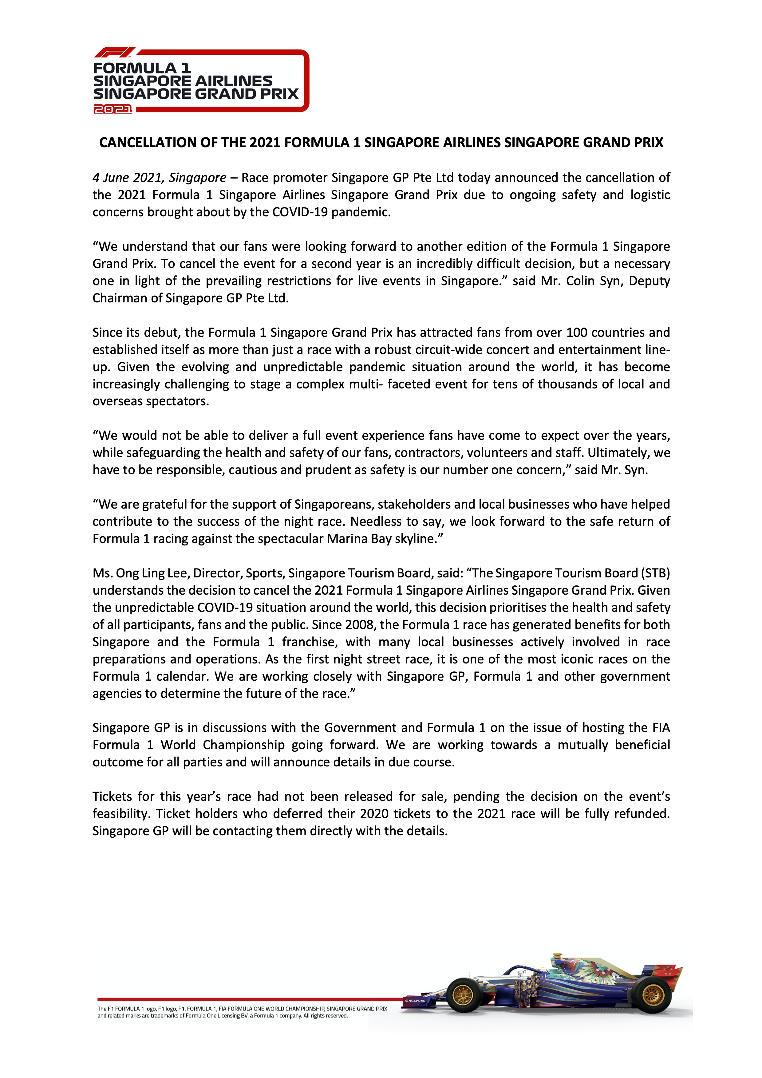 An official statement has been released by the promoters of the Singapore Grand Prix | Scrolller