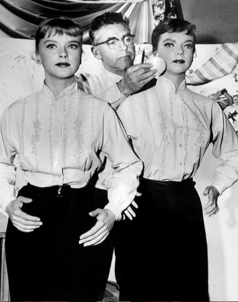Anne Francis poses with her mannequin double on the set of the TV ...