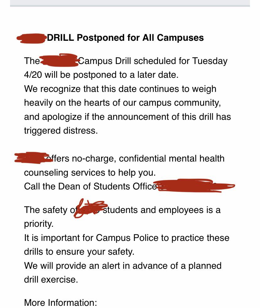 Anonymous school in Littleton makes insensitive announcement of active shooter drill tomorrow, 4 ...