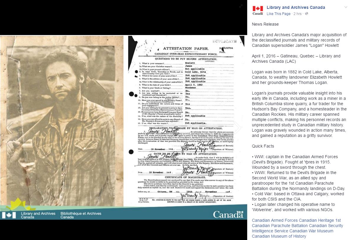 April Fool's from Library and Archives Canada: "the declassified journals and military records ...