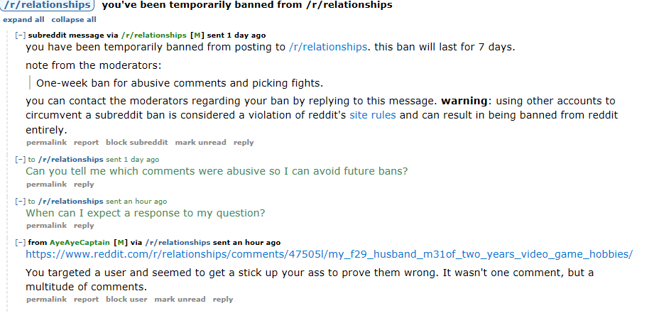 Asked for example of abusive comments allegedly made by myself, received a vague and rude ...