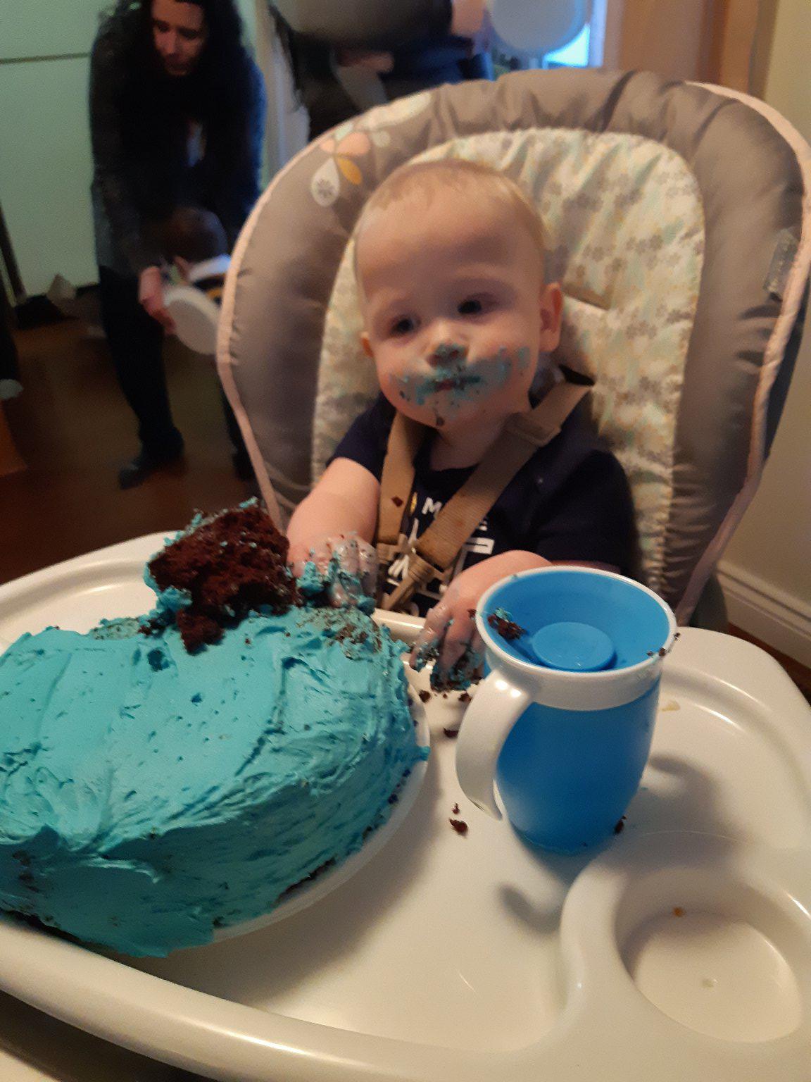 Baked this cake for my son's first birthday party last night. The cake coma hit fast and he was ...