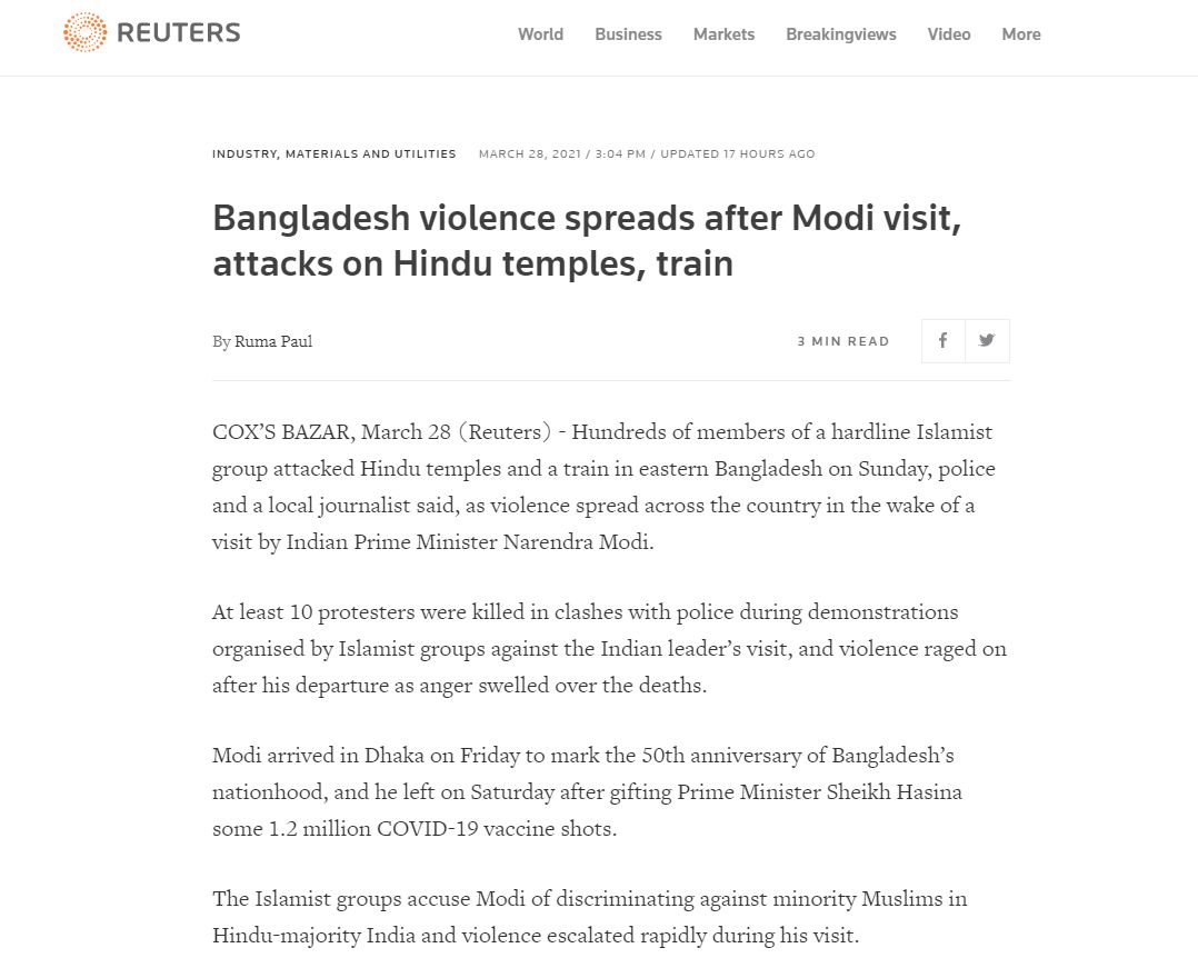 Bangladesh violence spreads after Modi visit, attacks on Hindu temples, train | Scrolller