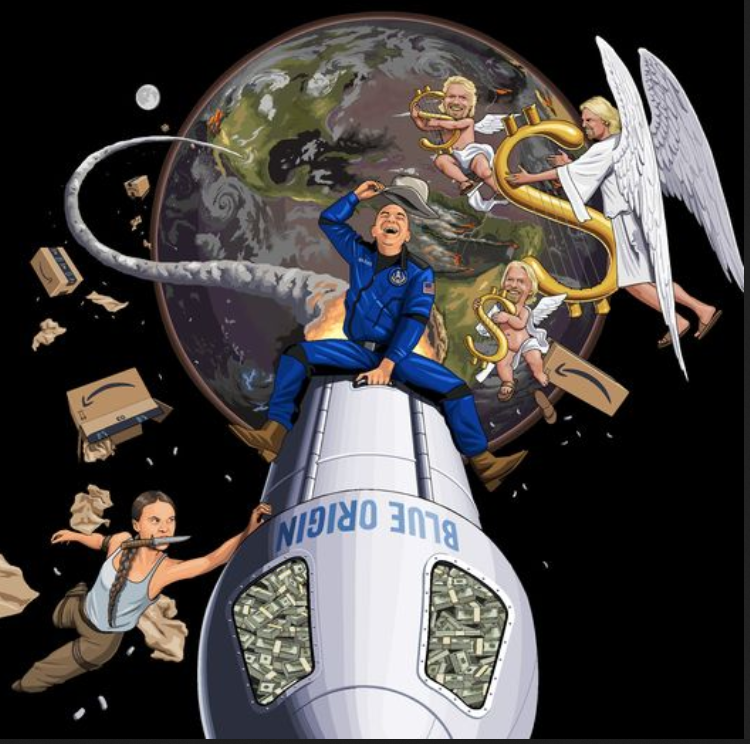 "Bezos riding his phallic rocket looking like Major Kong from Dr. Strangelove. Angels in the air ...