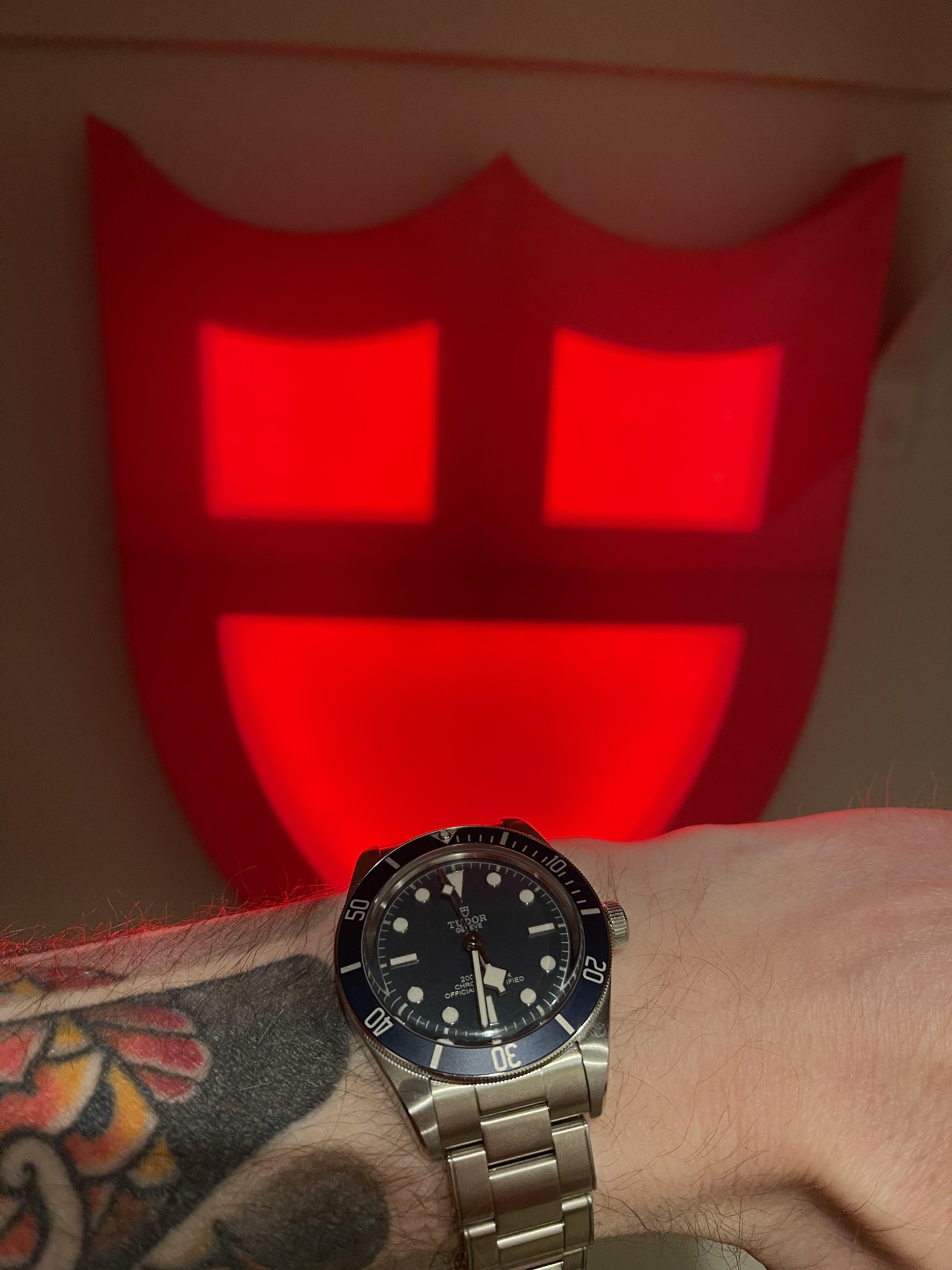 Black Bay 58 Blue with homemade Tudor illuminated shield | Scrolller
