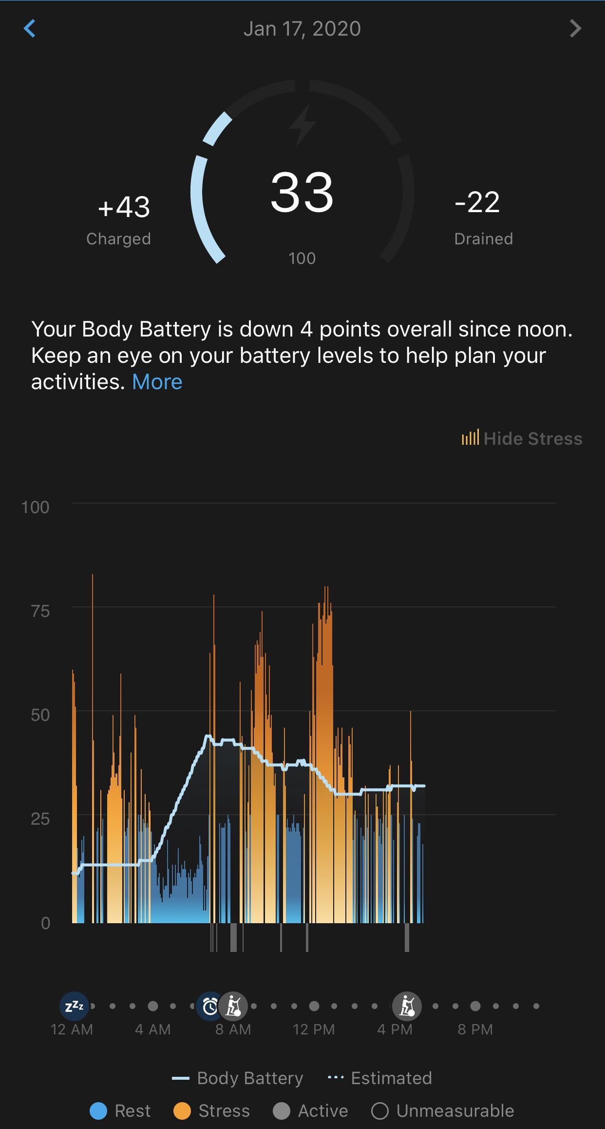 Body battery showing the truth about sleeping after a night of drinking. That’s a lot of stress ...