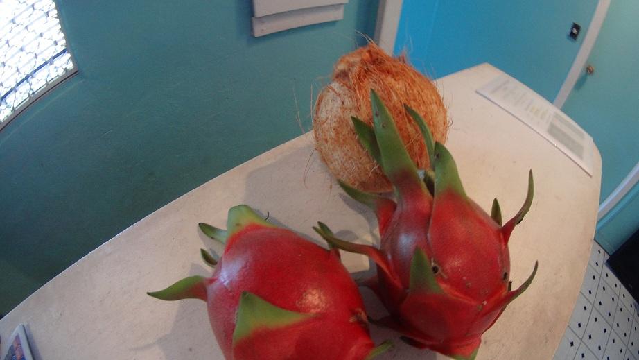 Breakfast. Two Dragon Fruits and a Nu (young drinking coconut) Thanks to the Mamas in the Market ...