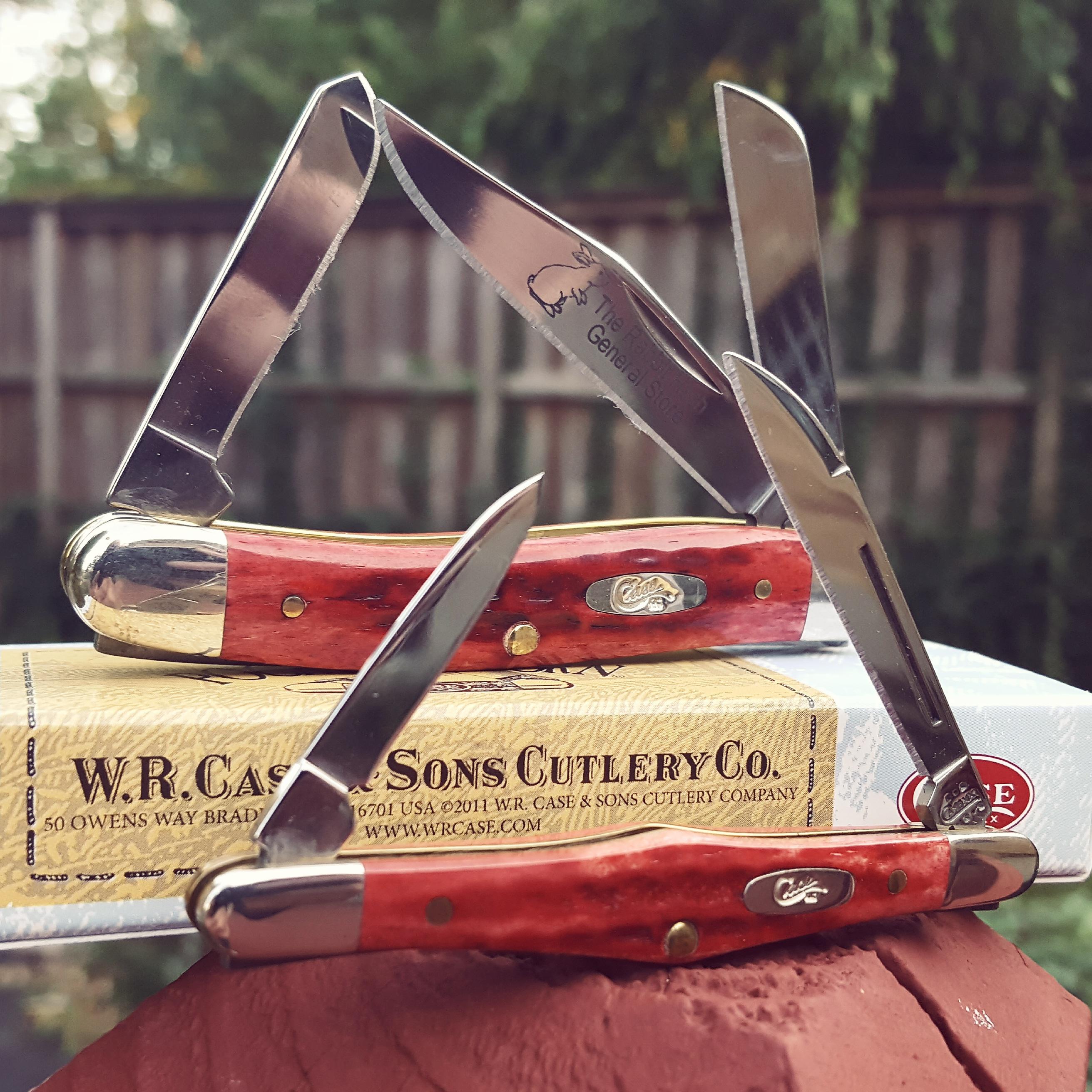 Case xx Old Red bone scales on a tuxedo whittler and a medium stockman. | Scrolller
