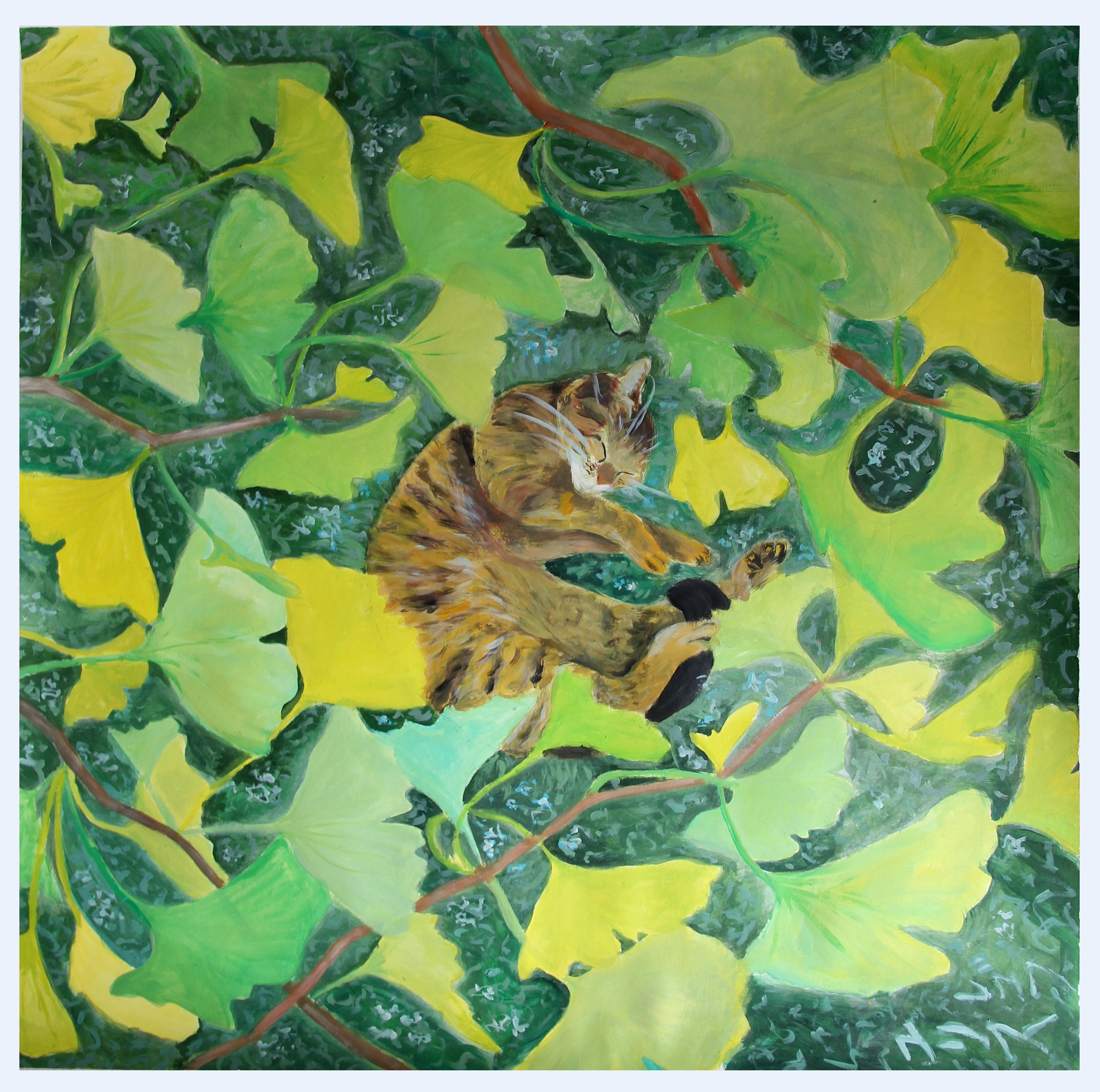 Cat sleeping under the ginkgo trees, 90*90cm acrylics on paper | Scrolller
