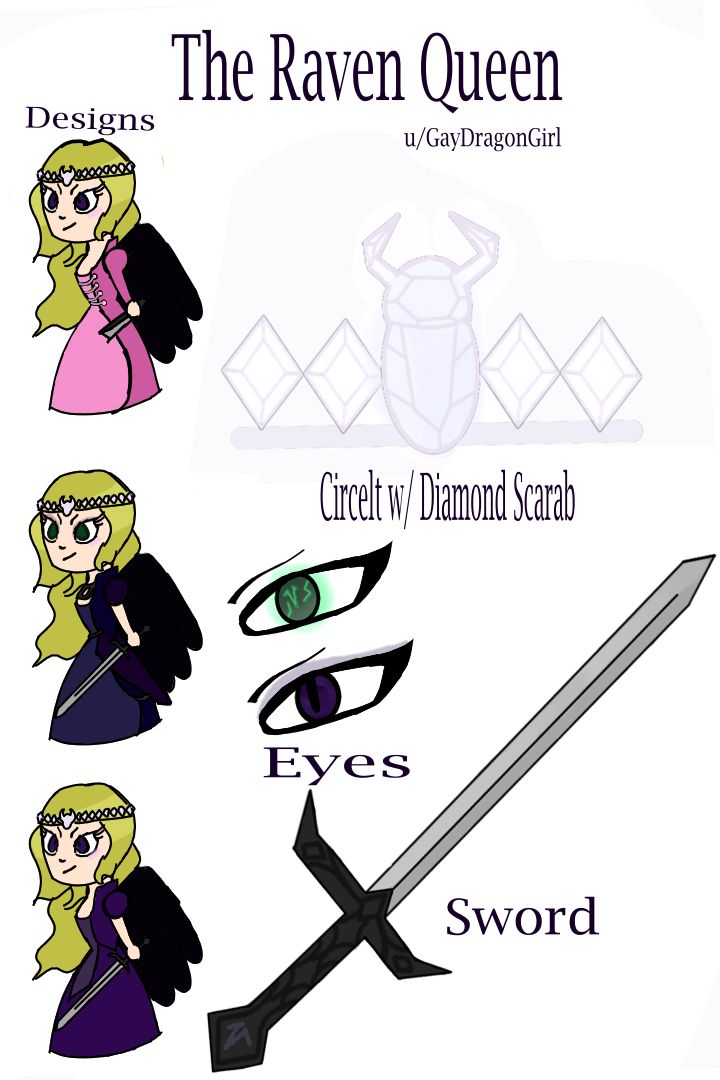 Chibi versions + detail ref sheet fo my main antagonist, the Raven Queen | Scrolller