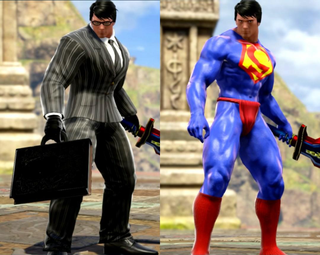 Clark Kent- same character model, before and after equipment gets destroyed during a battle ...