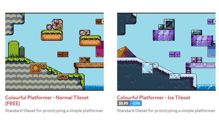 Colourful Platformer pixel art tilesets! A free pack of pixel art assets, plus another pack on a ...