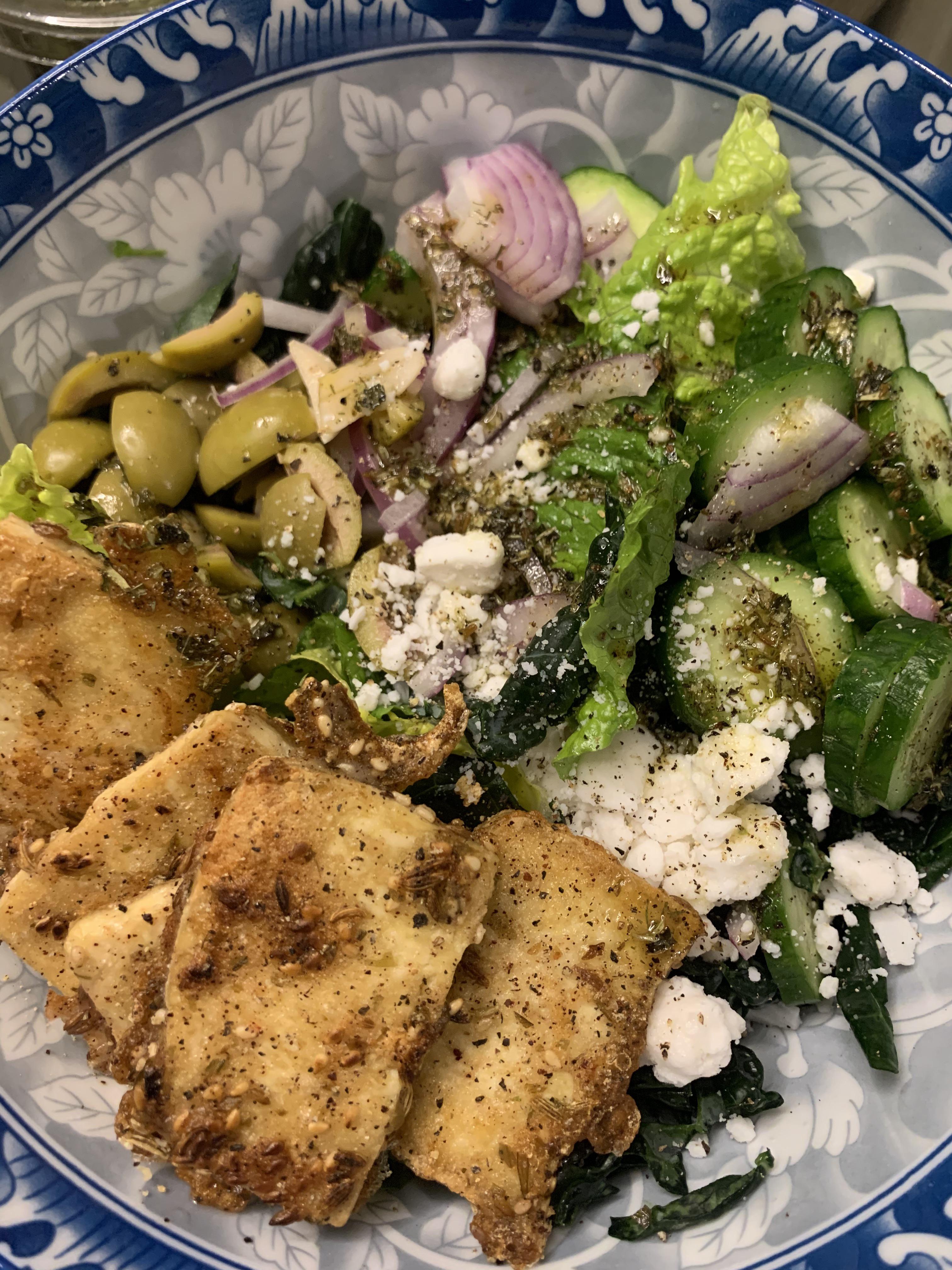 Cucumber, olives, feta, red onion and crispy tofu | Scrolller