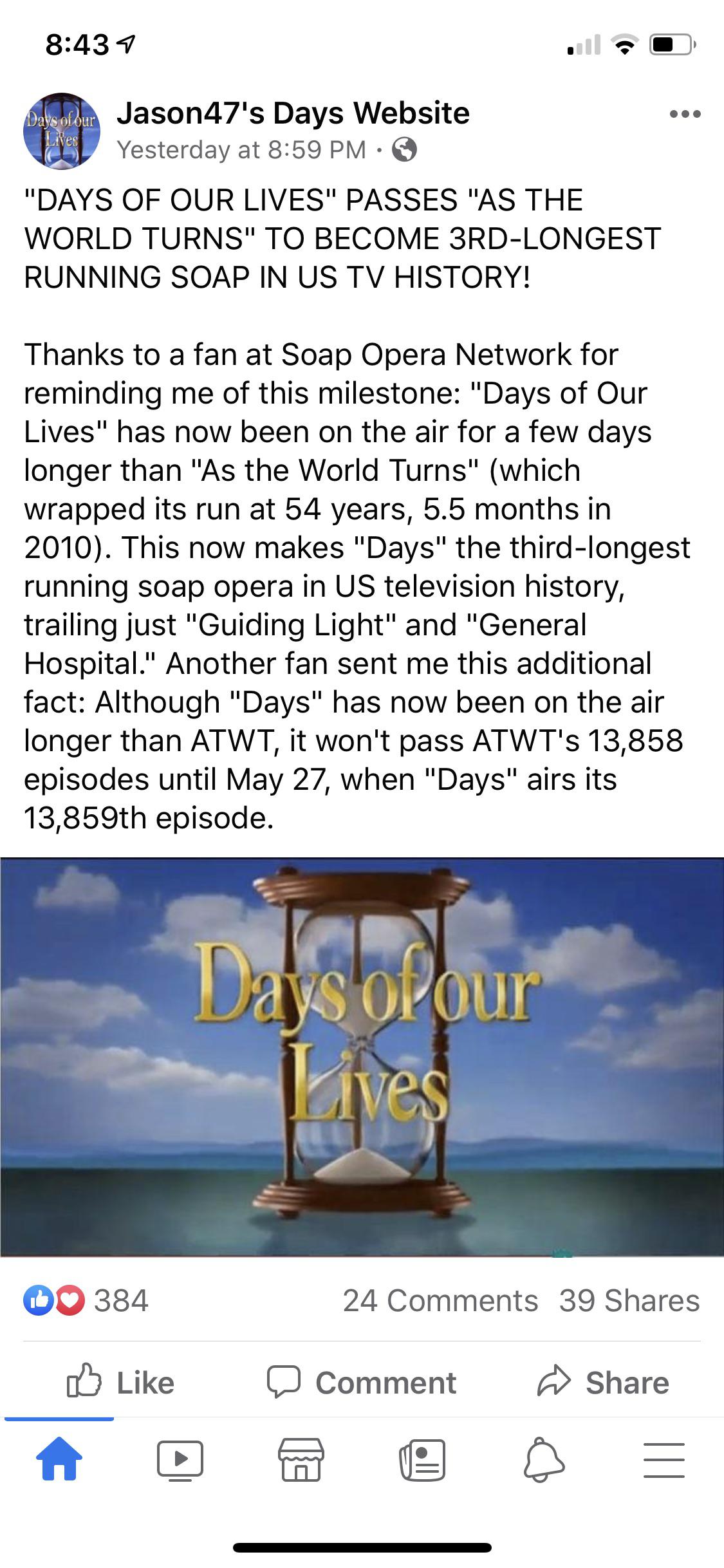Days passes ATWT to become the 3rd longest running soap | Scrolller