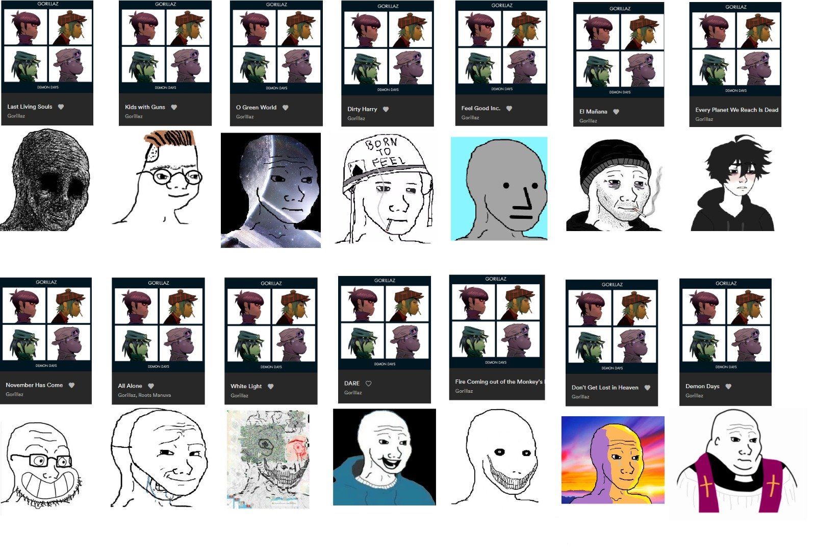 Demon Days' songs as wojaks | Scrolller