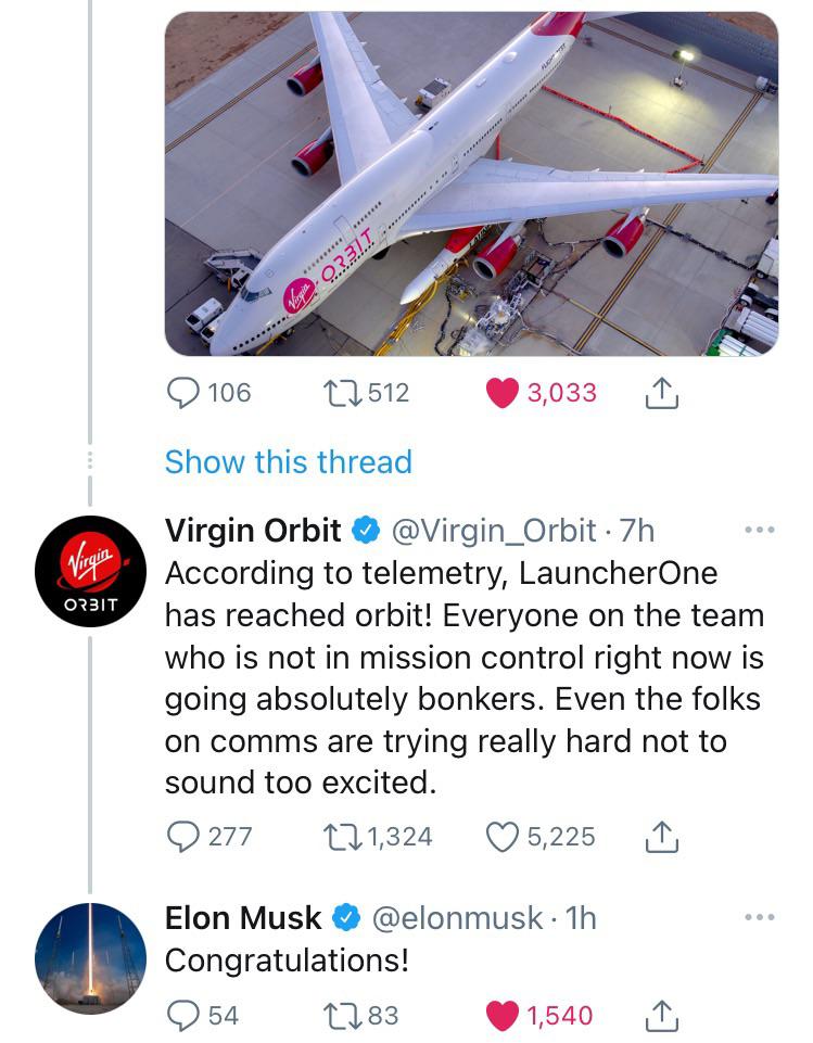 Elon Congratulations to Virgin Orbit. Richard Branson beat Jeff Bezos to orbit. | Scrolller