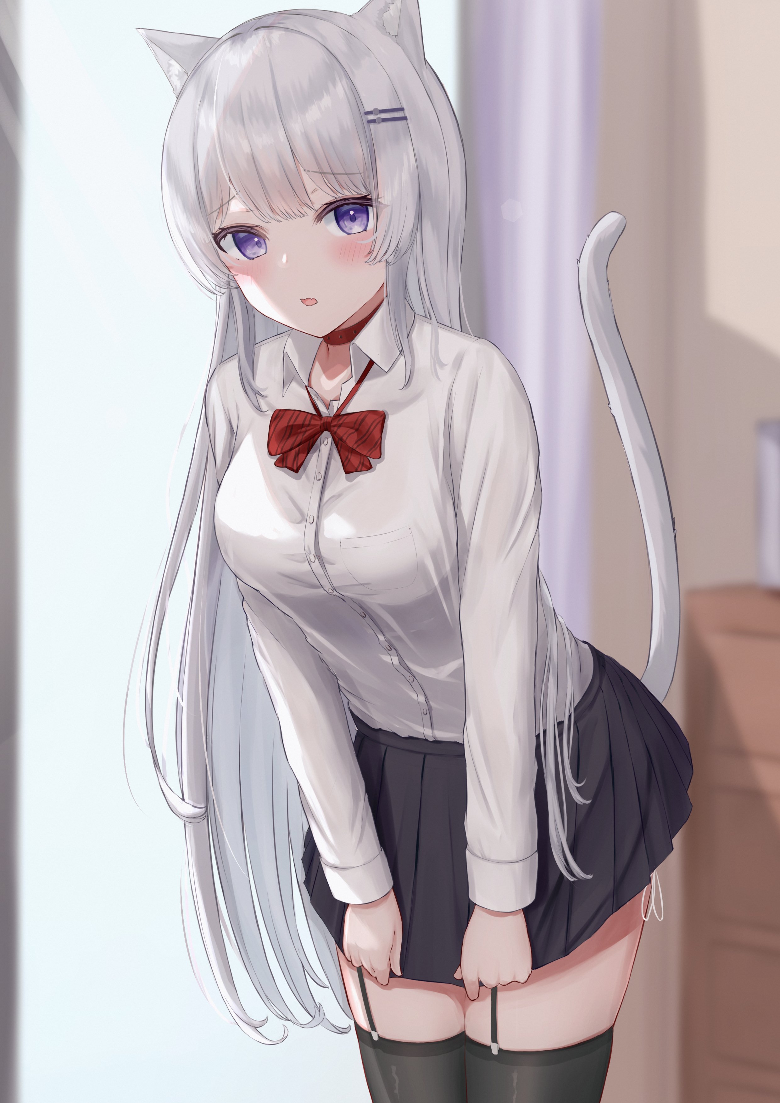 Embarrassing Kemonomimi-chan in new uniform [Original] | Scrolller