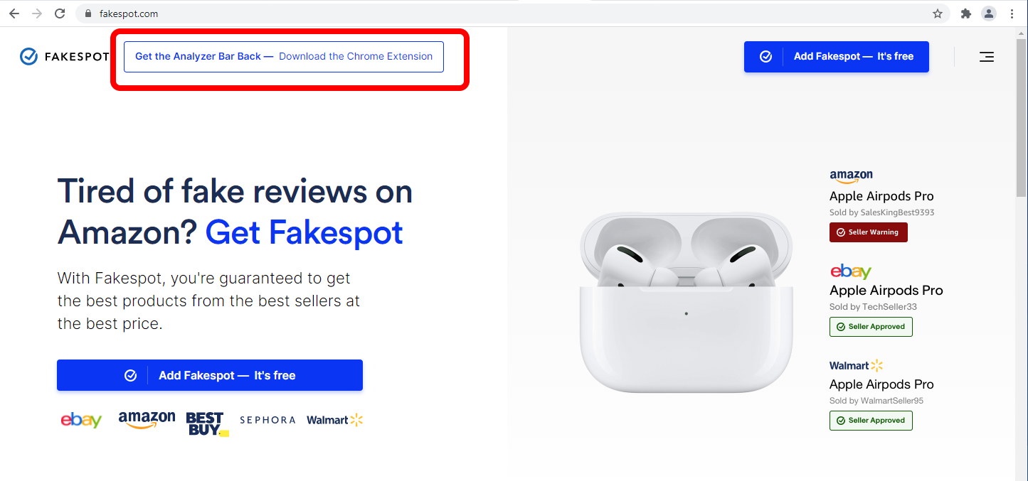 Fakespot now hides the search bar and only provides a link to download their plugin | Scrolller