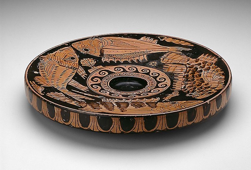 Fish plate, circa 400-370 BCE, Athens, terracotta decorated in red ...