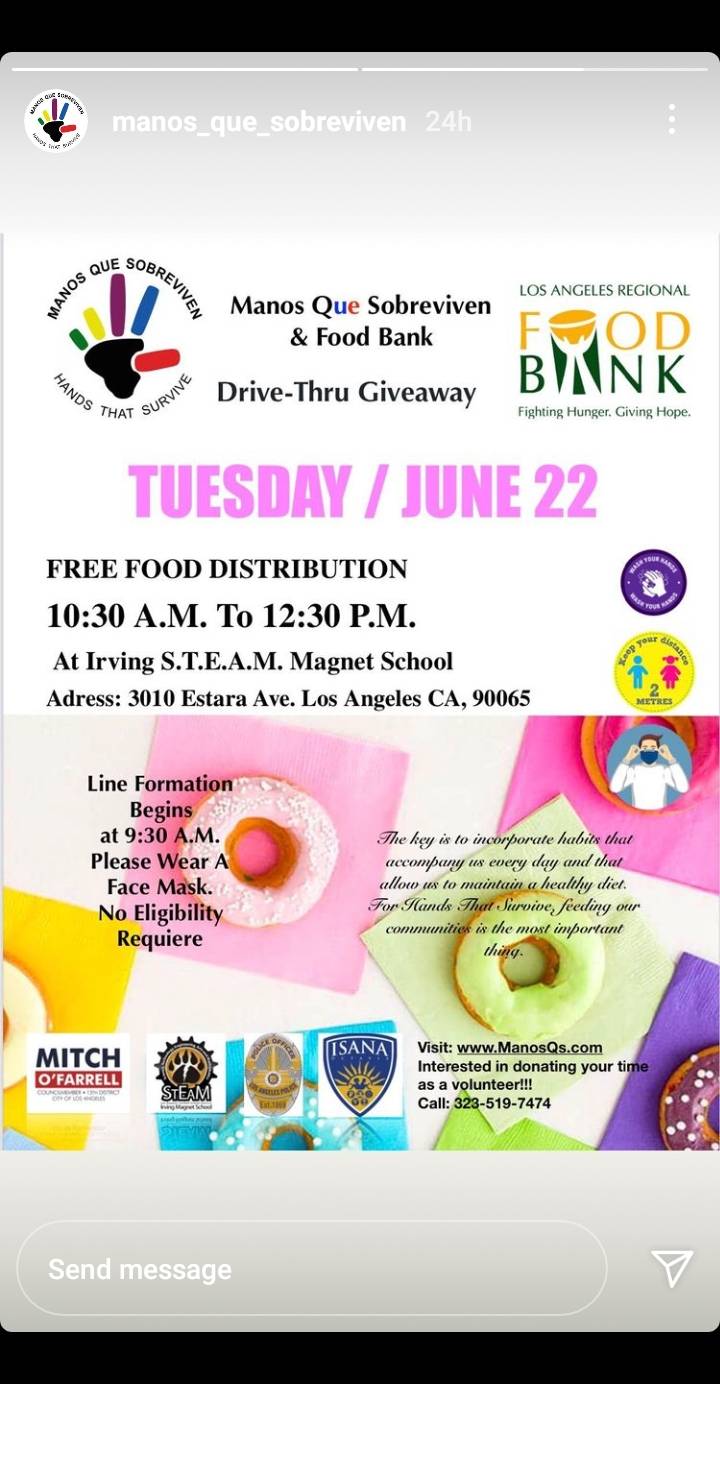 Food distribution at Irving STEAM Magnet in Glassell Park on Fletcher and Estara. Very few cars ...