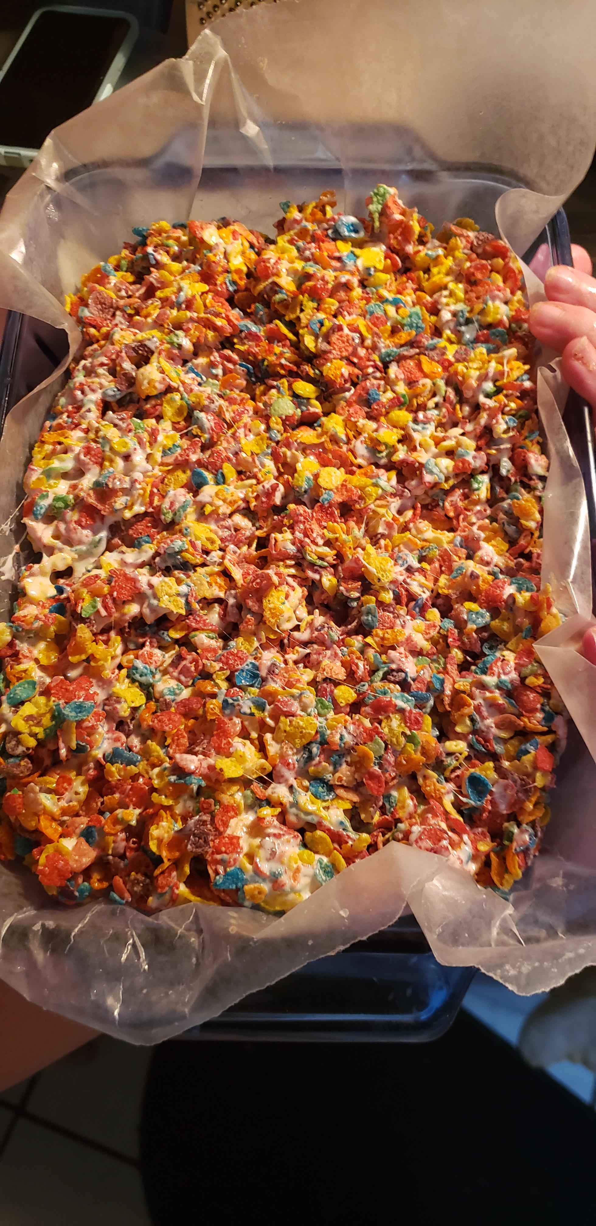 Fruity Pebbles Marshmallow Treats made with 4 TB Cannabudder | Scrolller
