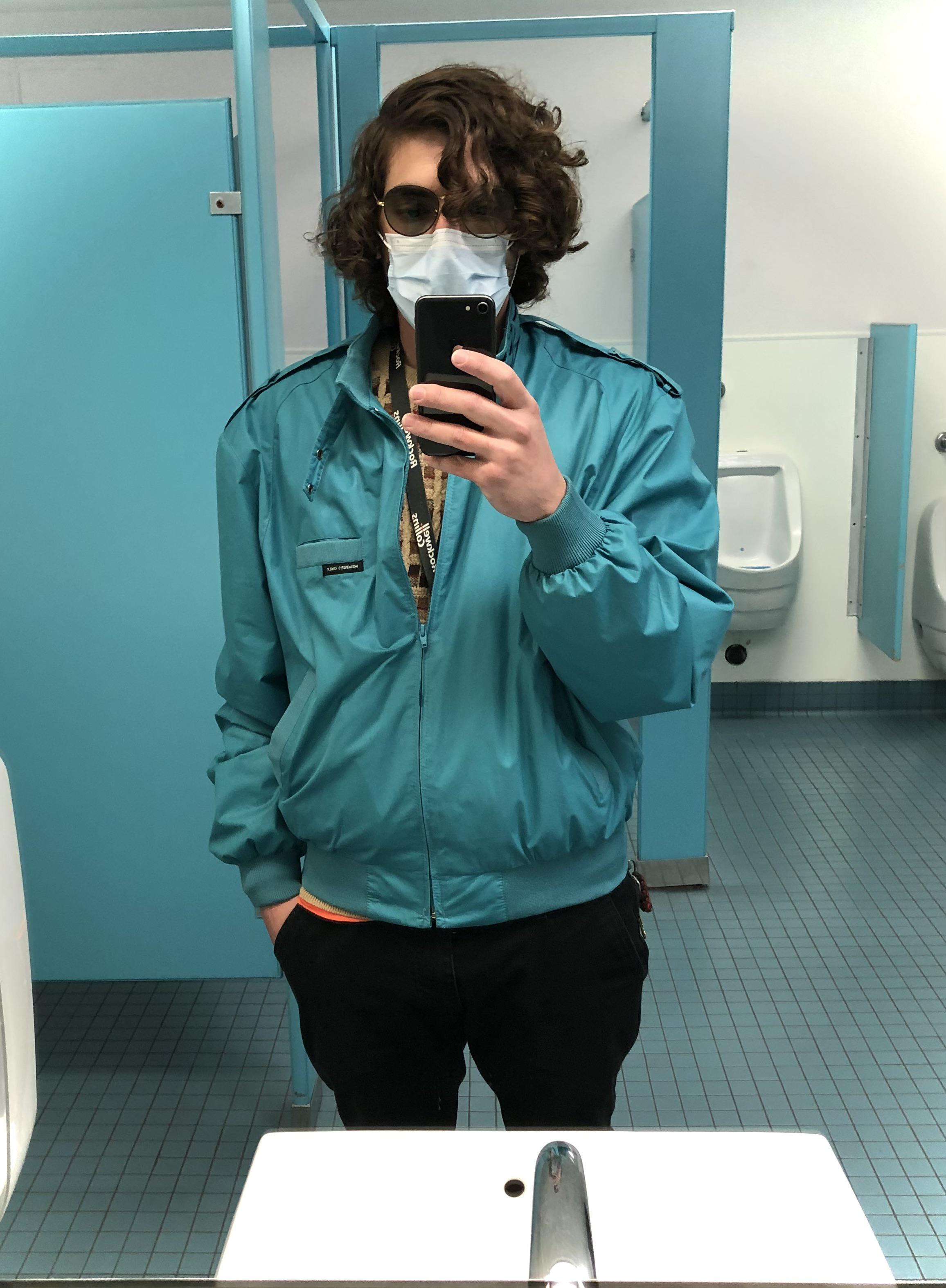 Fully thrifted outfit. $15 teal Member’s Only stealing the show. | Scrolller