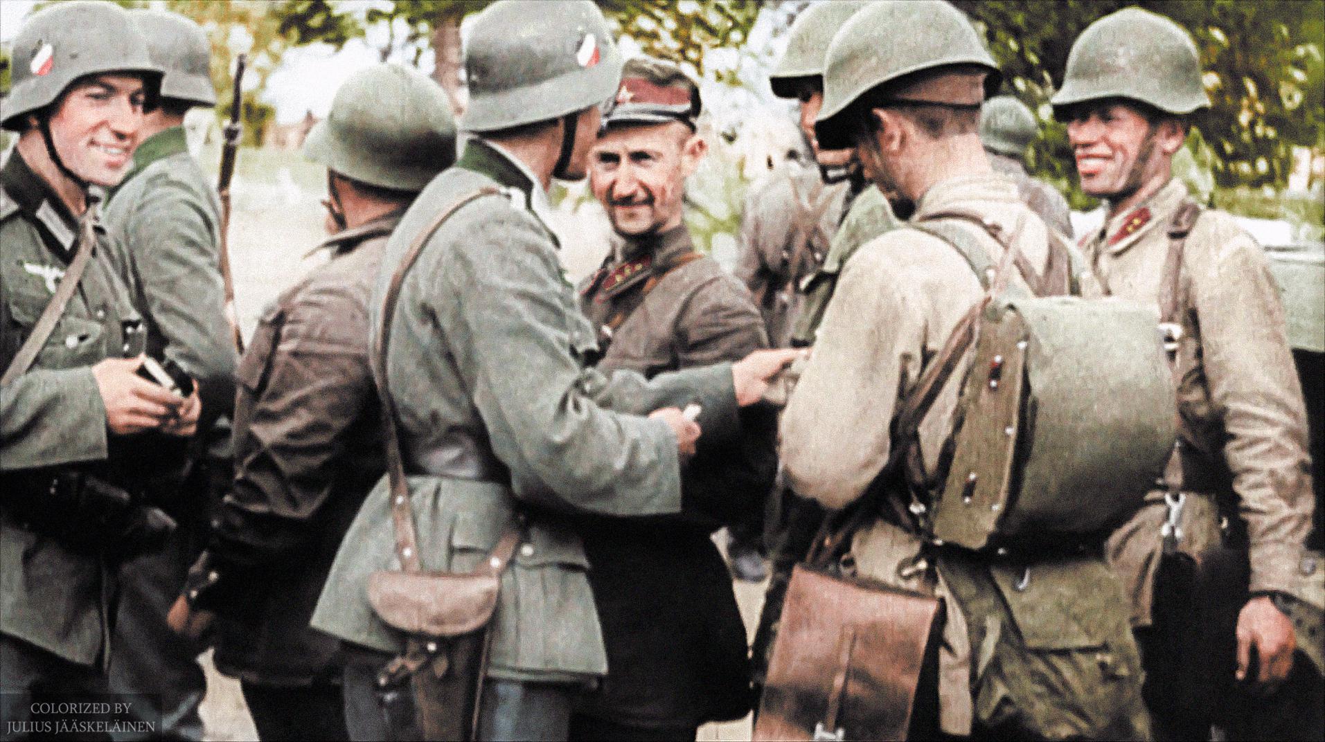 German and Soviet soldiers socializing with each other at the end of the Invasion of Poland ...