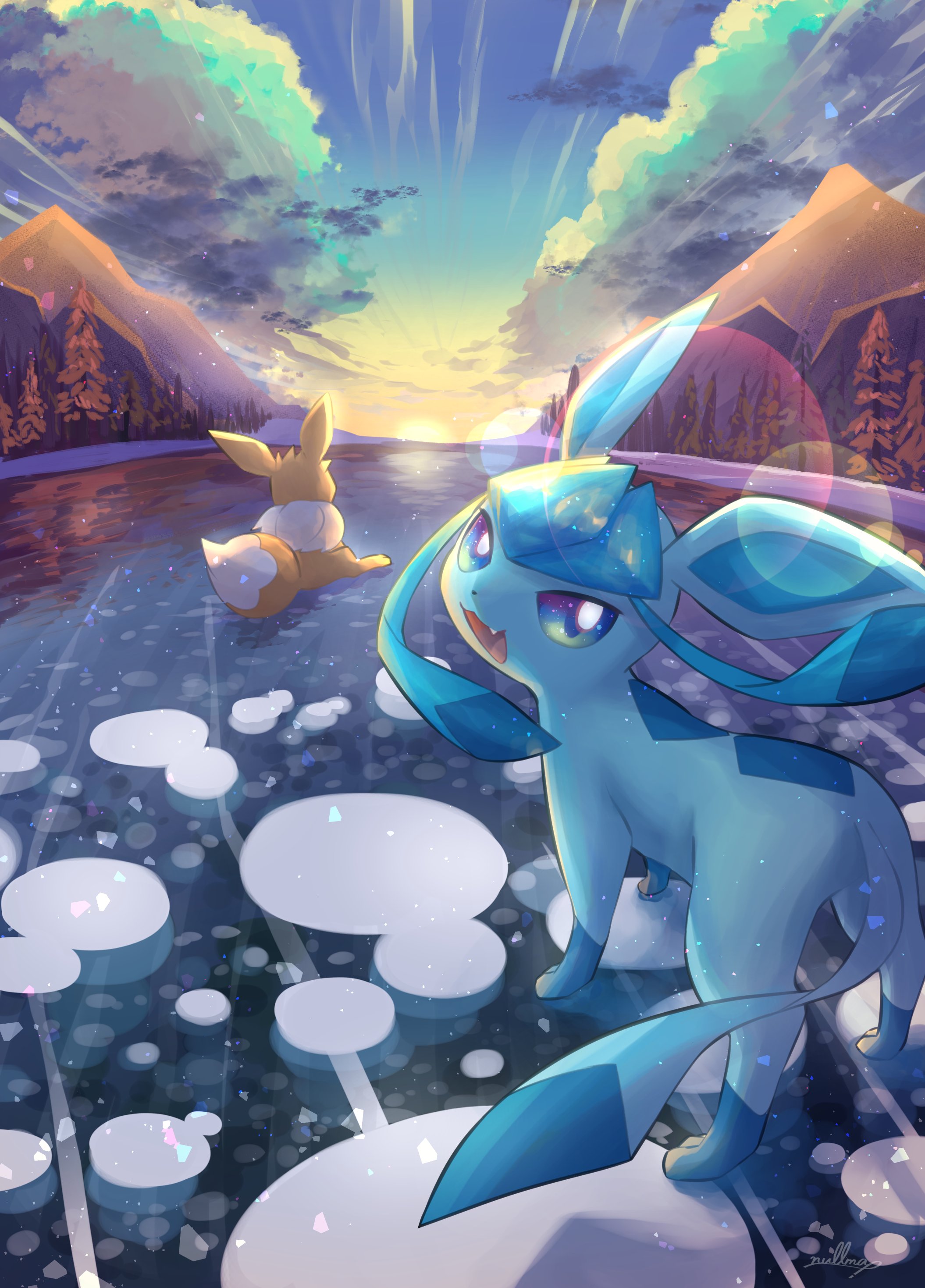 Glaceon and Eevee at sunrise, by nullma | Scrolller