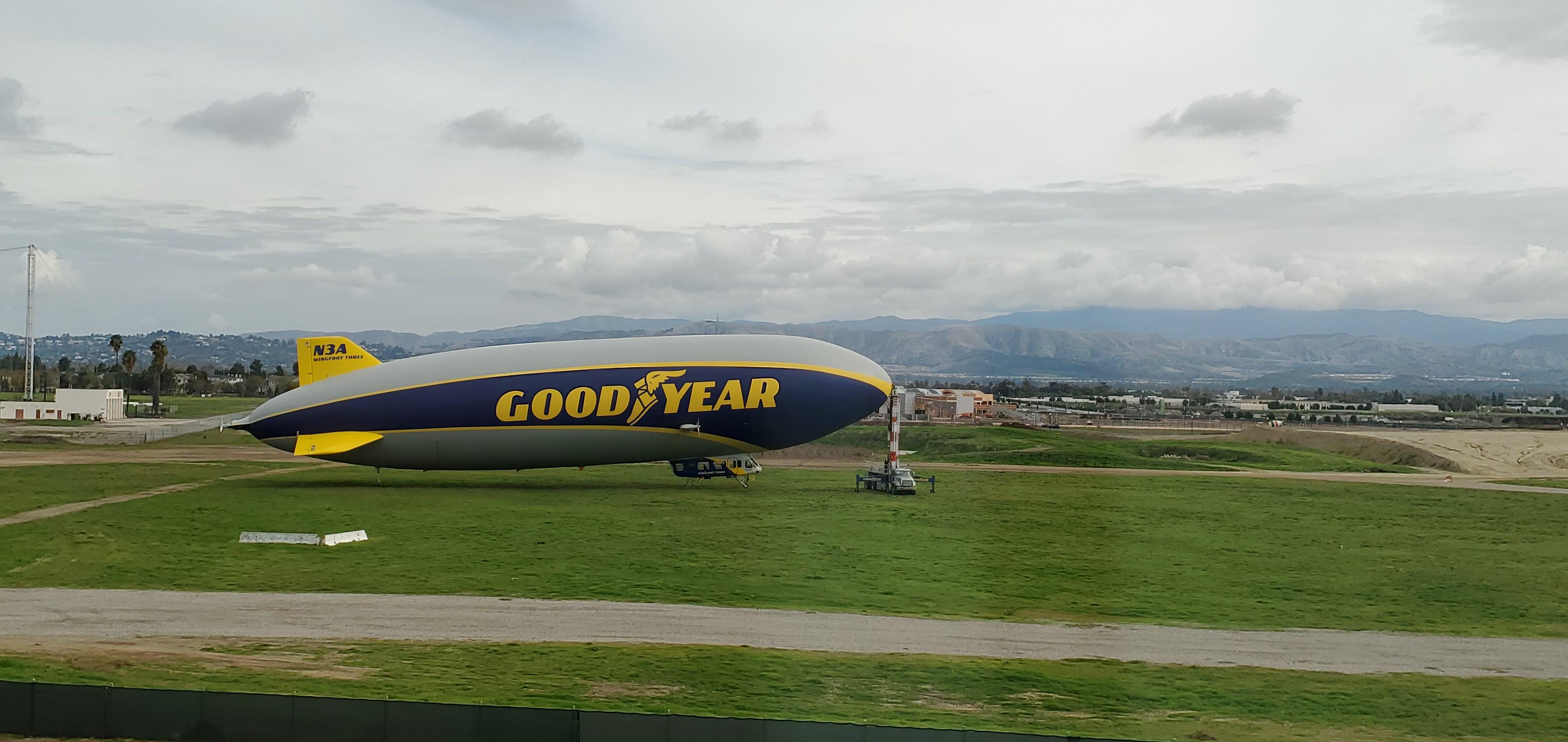 Goodyear blimp taking off this morning from the Tustin Hangars | Scrolller