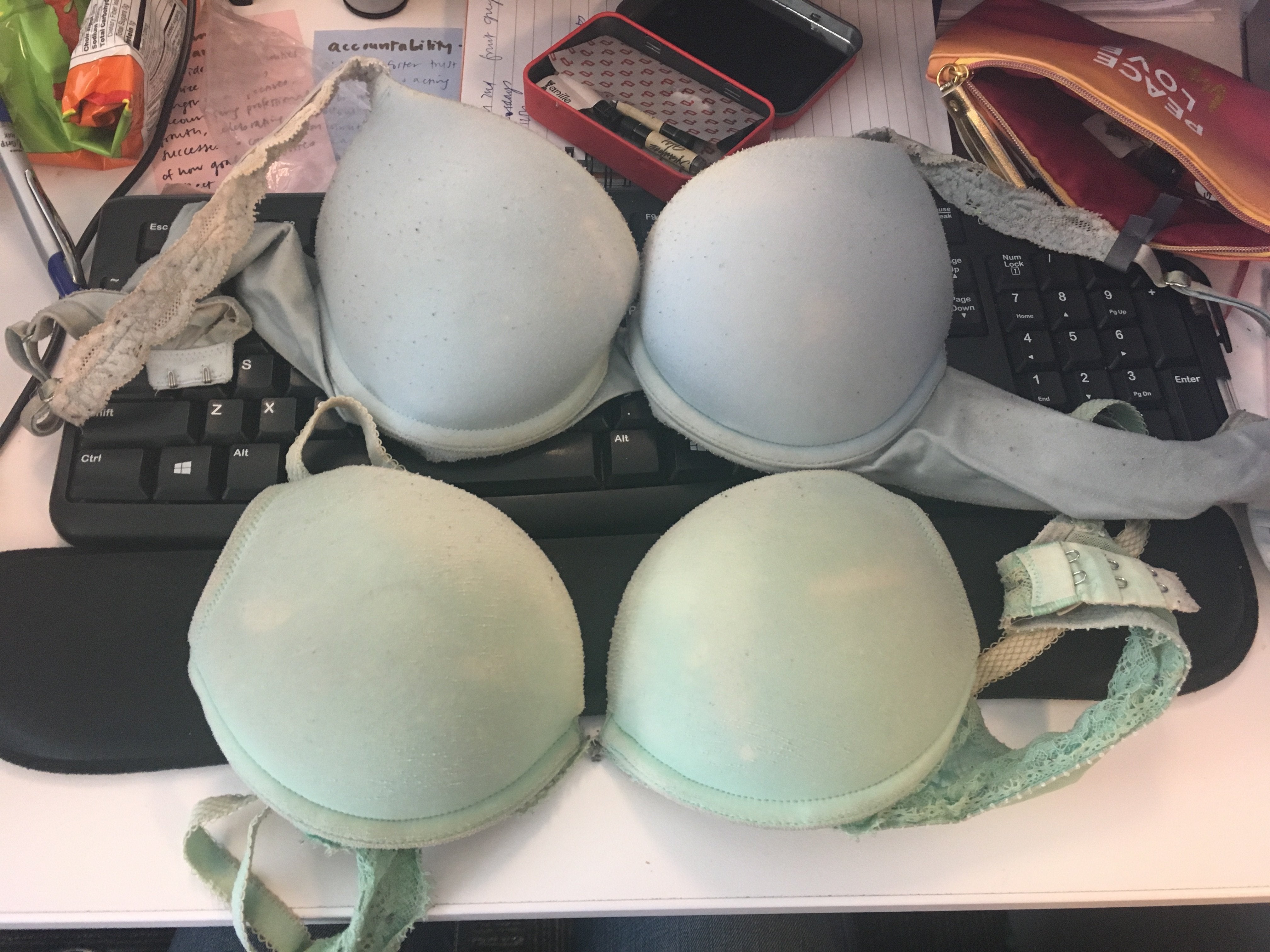 Got these bras from my aunts collection. Guess her size. | Scrolller