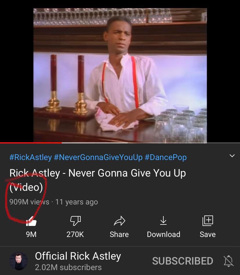 Great job guys only 90 million until Rick hits a billion views | Scrolller