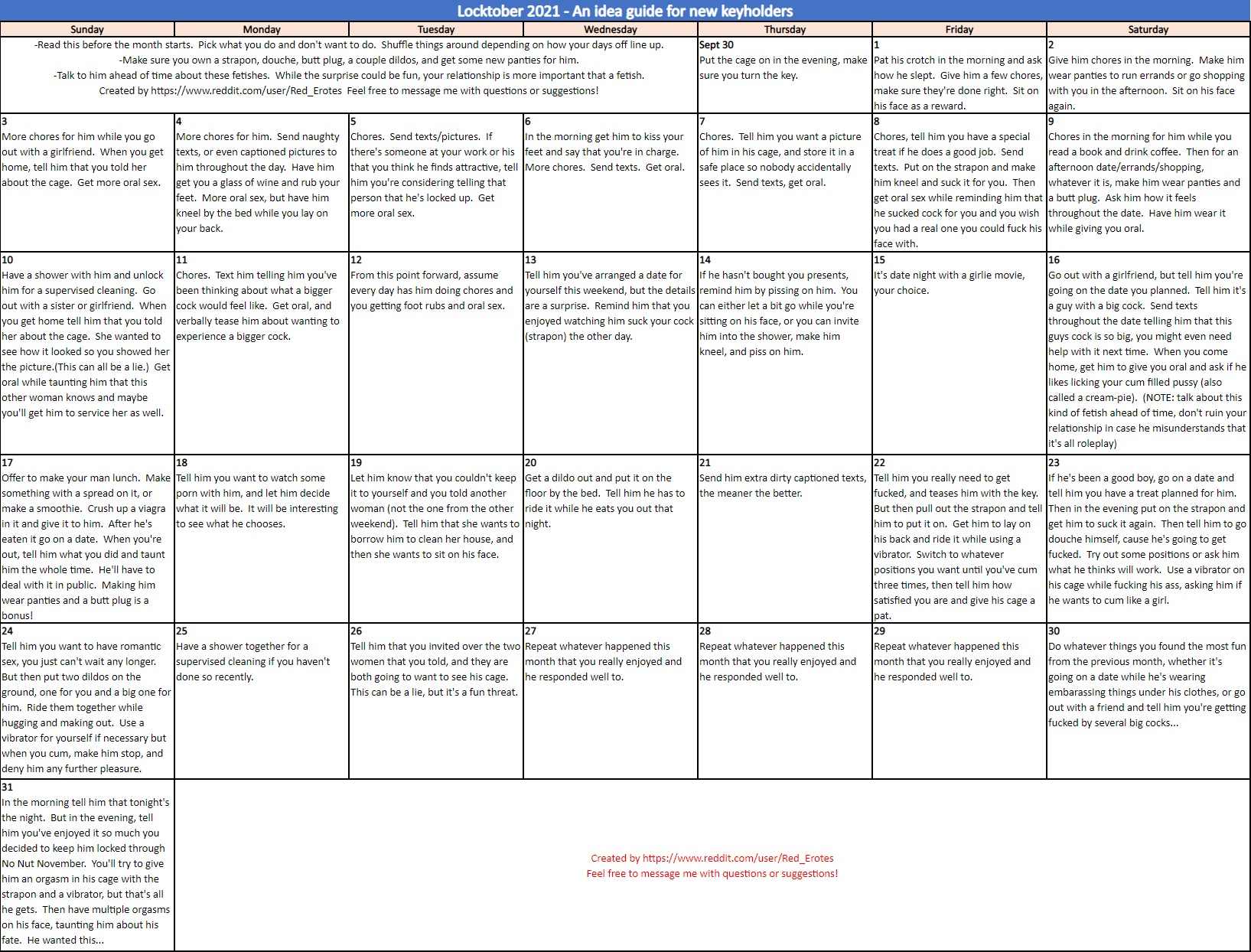 Guide: Locktober 2021 calendar for new keyholders | Scrolller