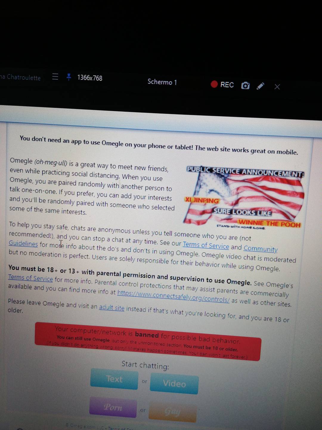 Hi guyz, I got this on omegle today..I can t access the unmoderated section. I m from Italy, did ...