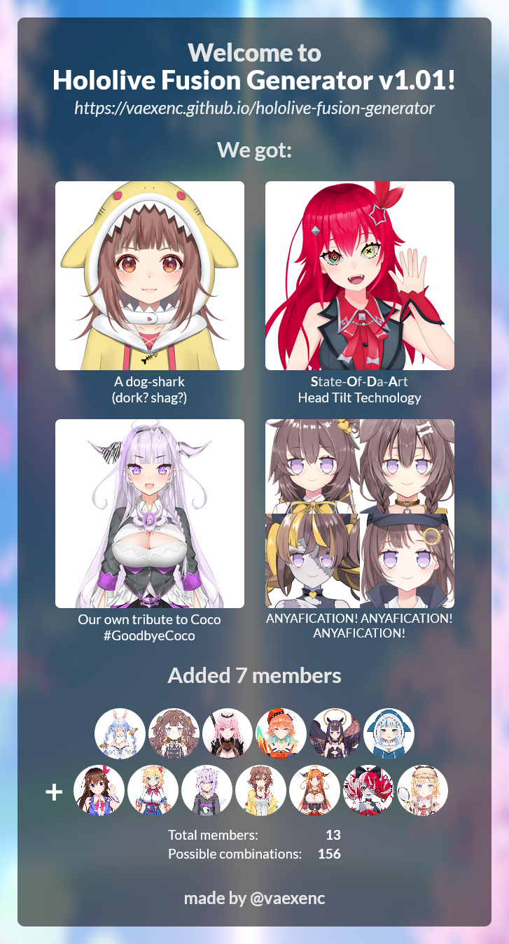 Hololive Fusion Generator Update: Ame, Coco, Haato, Korone, Okayu, Ollie, Sora | Scrolller
