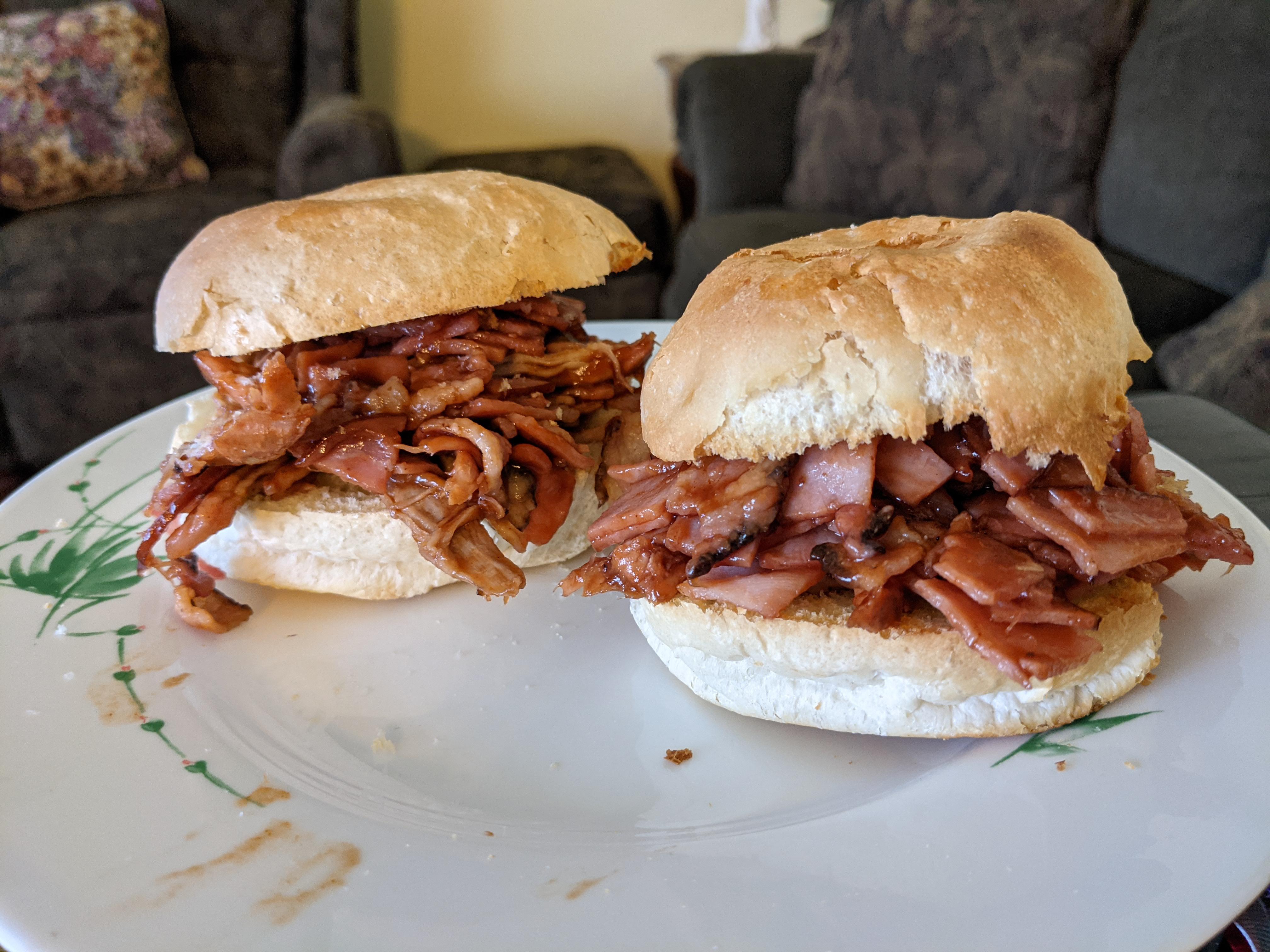 [homemade] Smoked pulled pork, maple bacon & sauteed onion sammies | Scrolller
