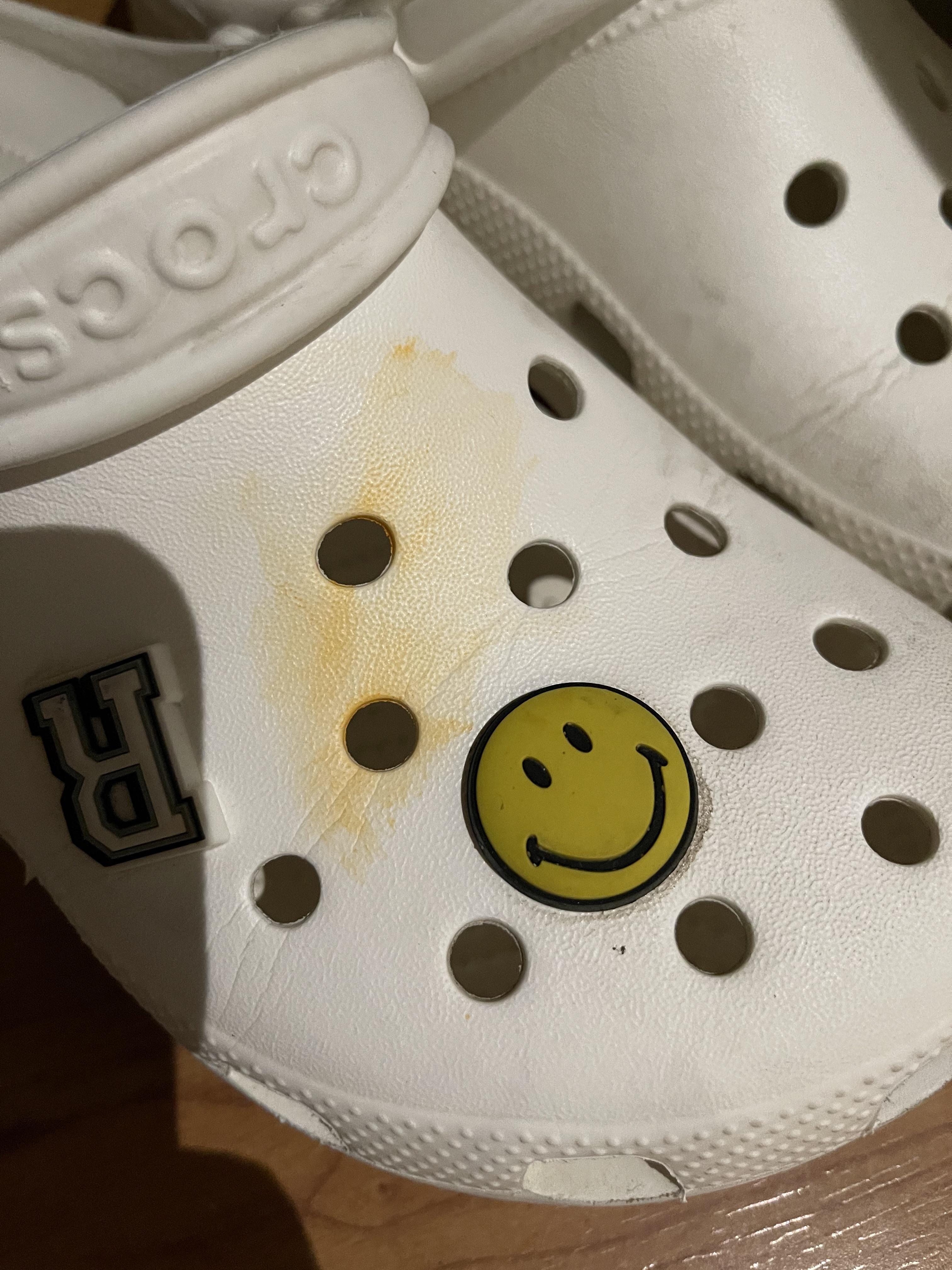 How to remove tough stain off white crocs? Already tried a Clorox wipe and good old soap and ...