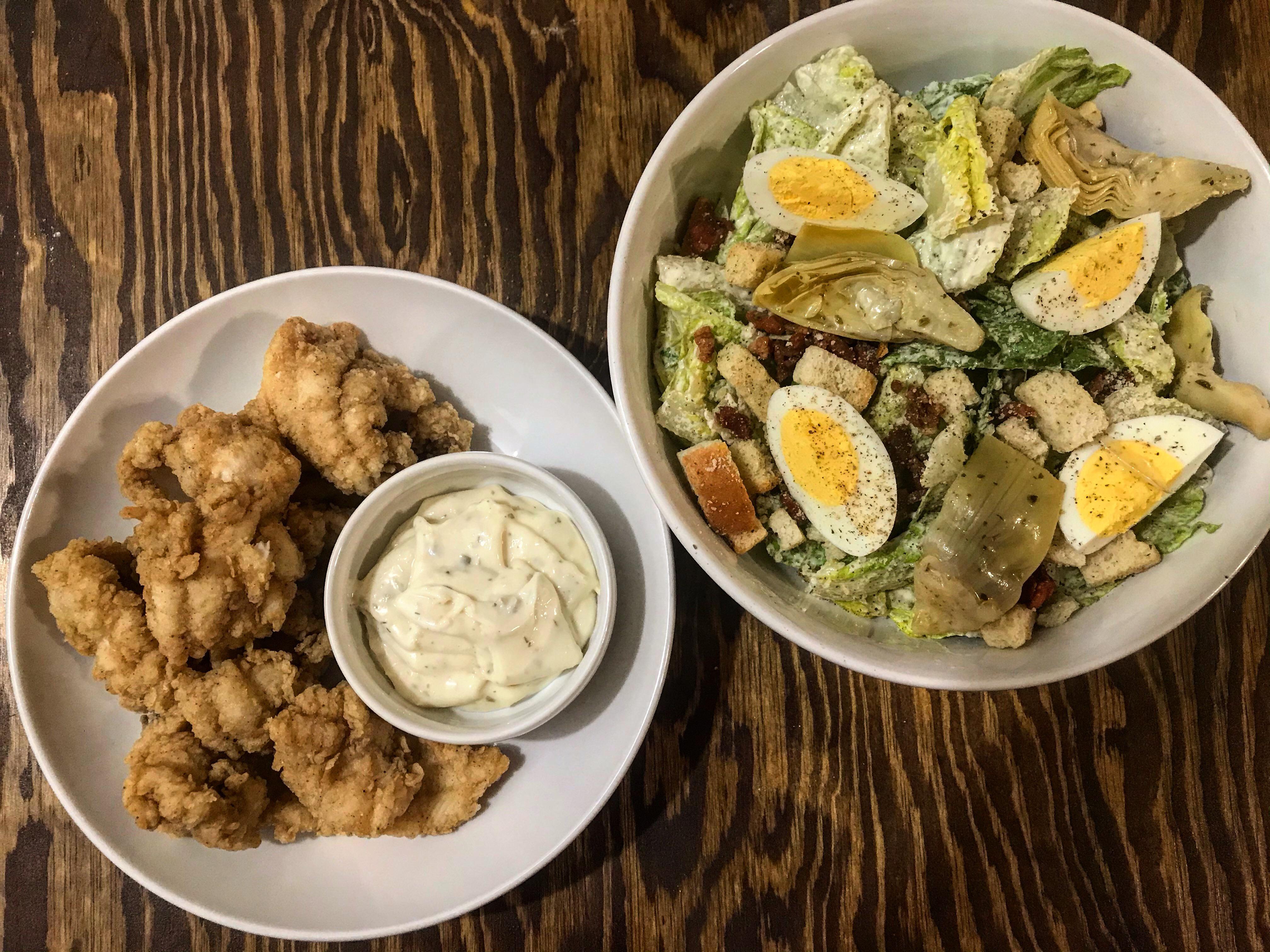 I caught my own catfish and fried it up, served with tartar sauce and a huge Caesar salad ...