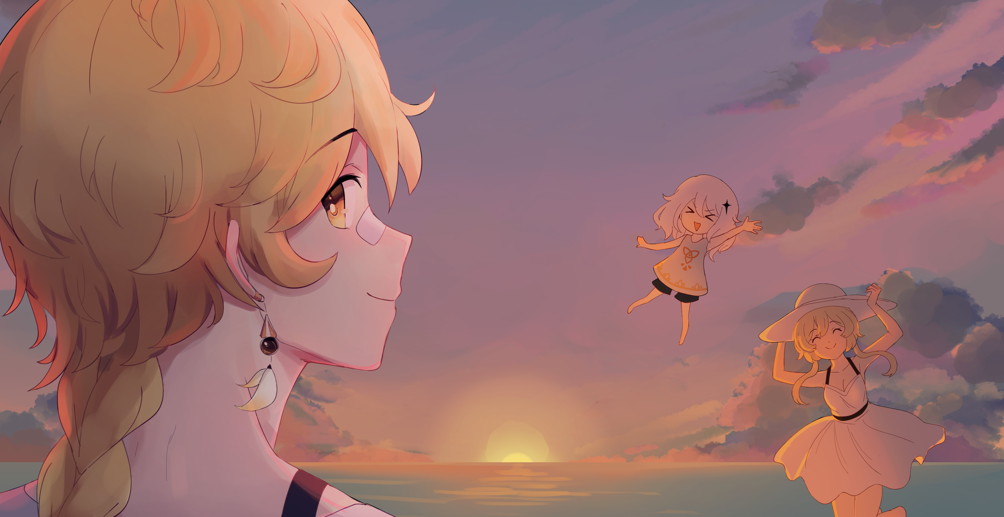 I drew the twins and Paimon at sunset! (@drawfrogs) | Scrolller