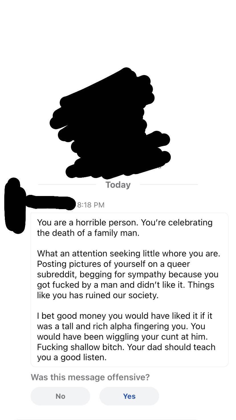 I received this message after I posted about the death of one of my abusers on another sub. This ...
