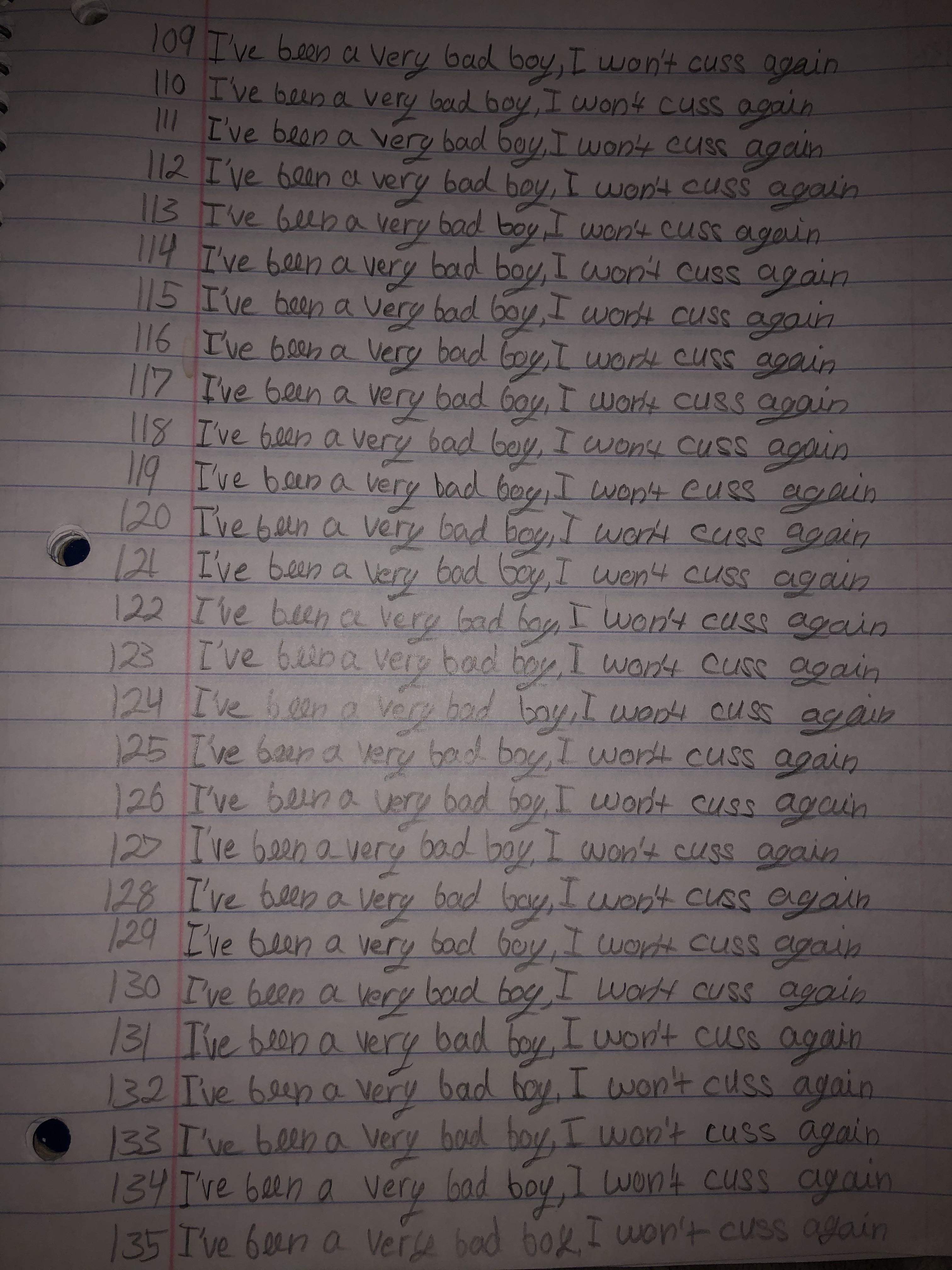 i said a no no word in front of mommy, now i has to write 200 lines of ...
